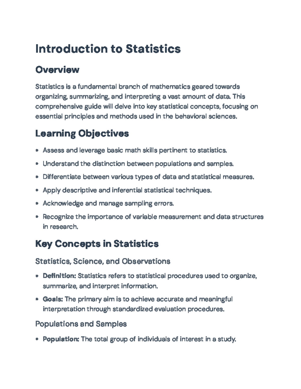 Introduction to Statistics: Key Concepts for Behavioral Sciences ...