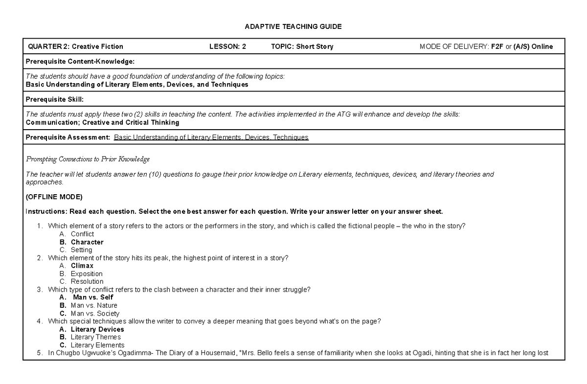 ADAPTIVE TEACHING GUIDE Q2: Creative Fiction Short Story Lesson - Studocu