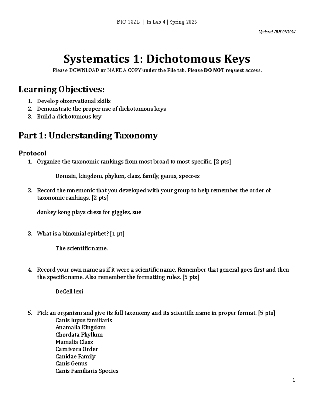 Lab 4 In-Lab Activity: Using Dichotomous Keys and Taxonomy - Studocu