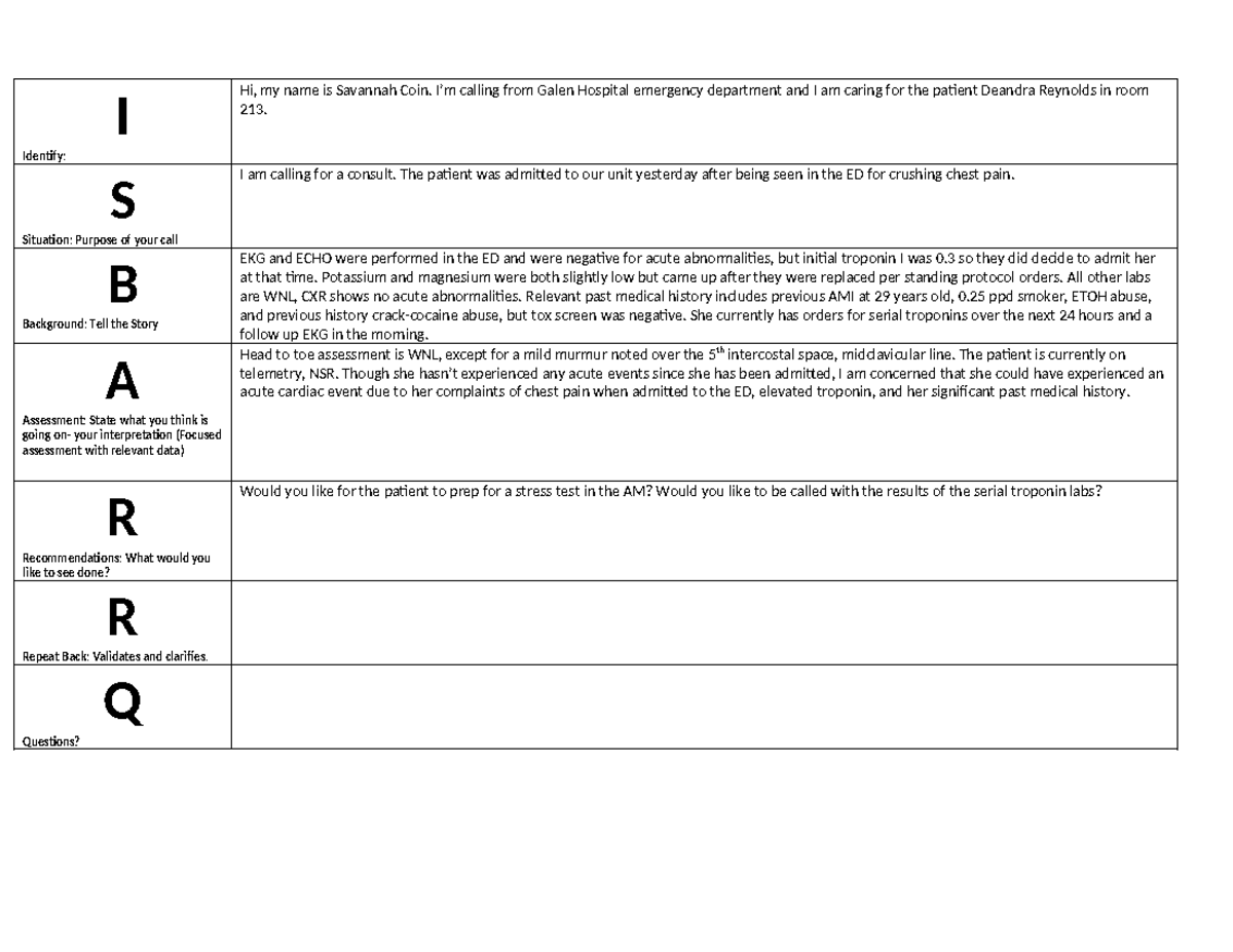 Isbarr+Sample - Clinical Case Report on Deandra Reynolds in ED - Studocu
