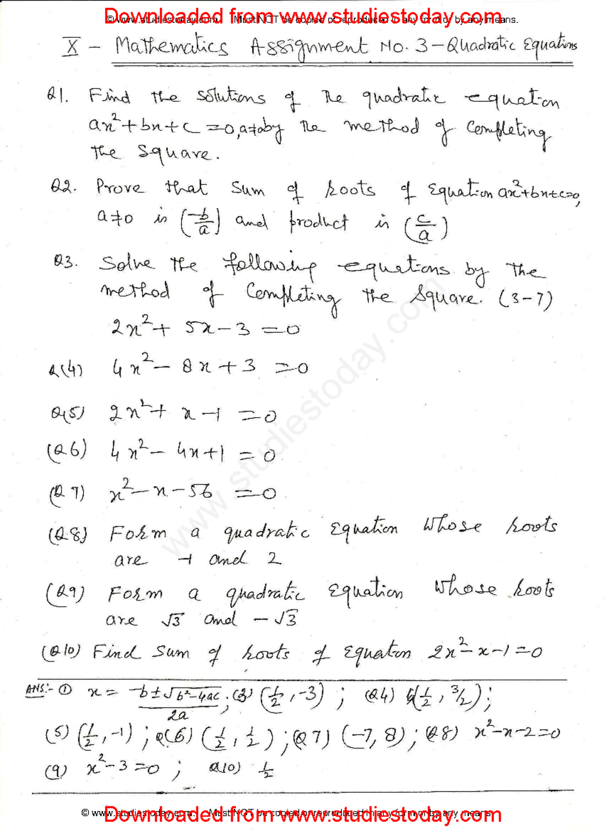 Quadratic-equations 3 - Math's class 10th - © studiestoday. Must NOT be ...