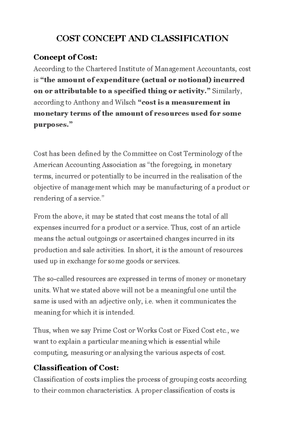 COST 101: Concept & Classification of Costs Explained - Studocu