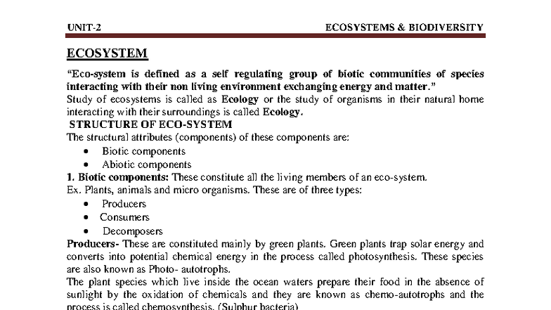 ECOSYSTEMS & BIODIVERSITY: A Comprehensive Study (Unit-2) - Studocu