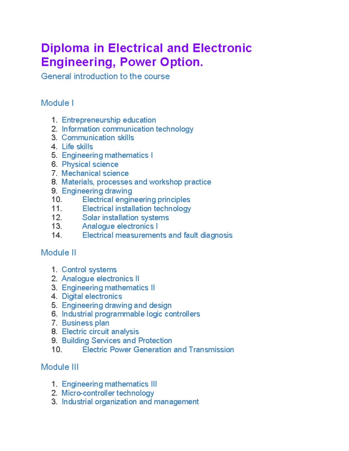 Diploma in Electrical & Electronic Engineering: Course Overview - Studocu