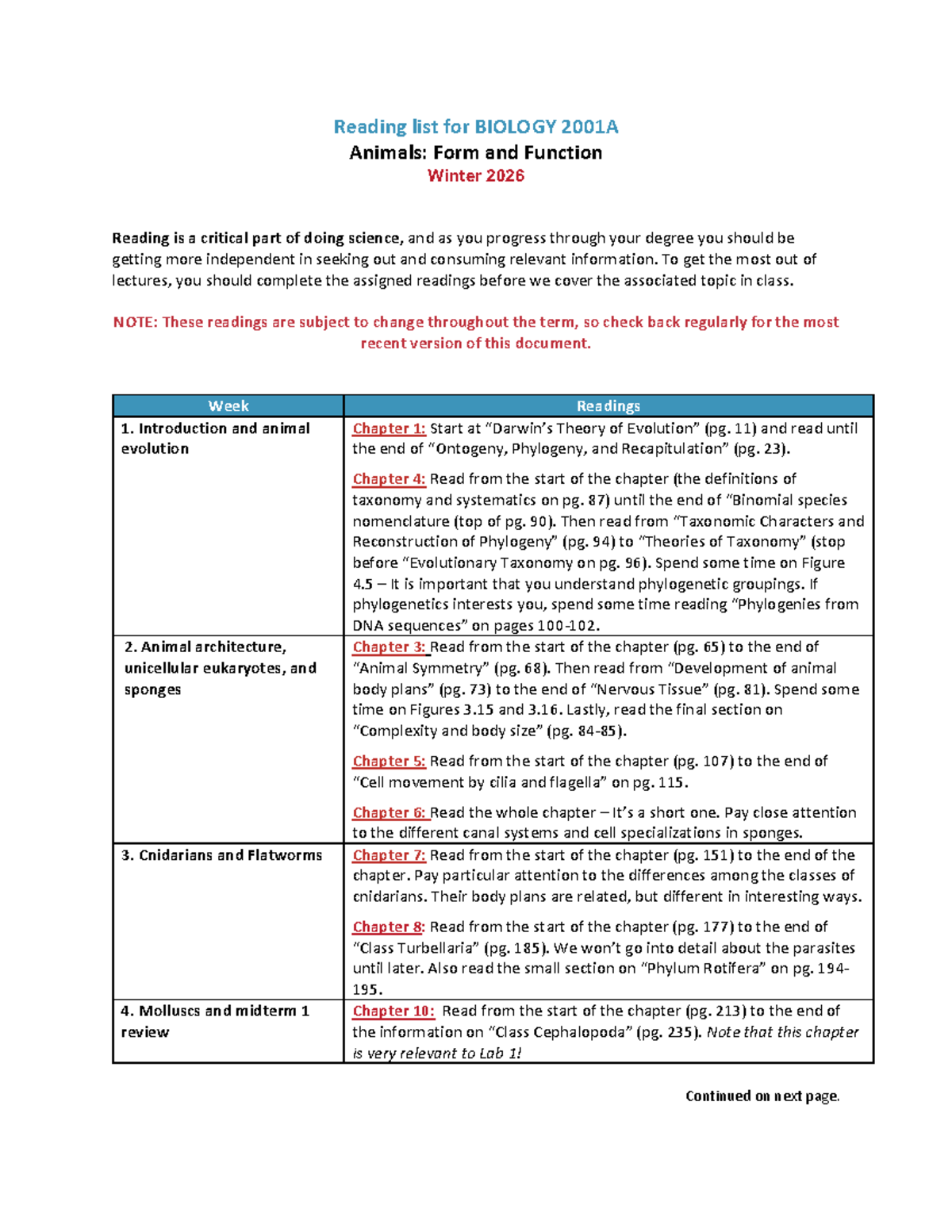 Reading List for BIOLOGY 2001A: Animals - Form & Function Winter 2026 ...