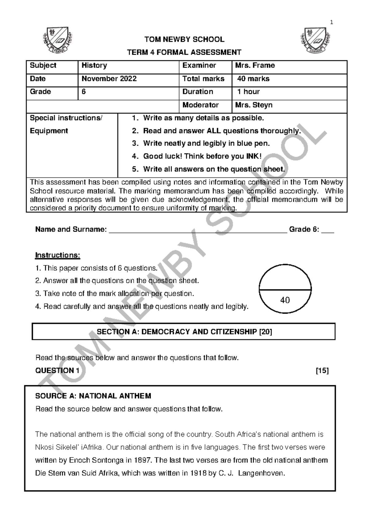 Grade 6 History Term 4 Formal Assessment - November 2022 - Studocu
