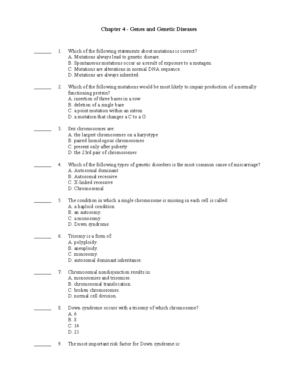 Chapter 4- Genes and Genetic Disease Practice Questions - Chapter 4 ...