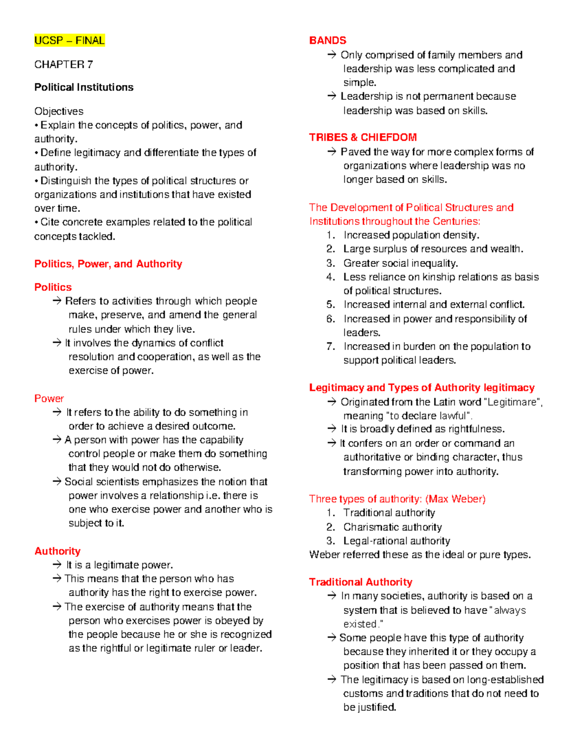 UCSP 101 - Final Exam Notes on Political Institutions and Authority ...