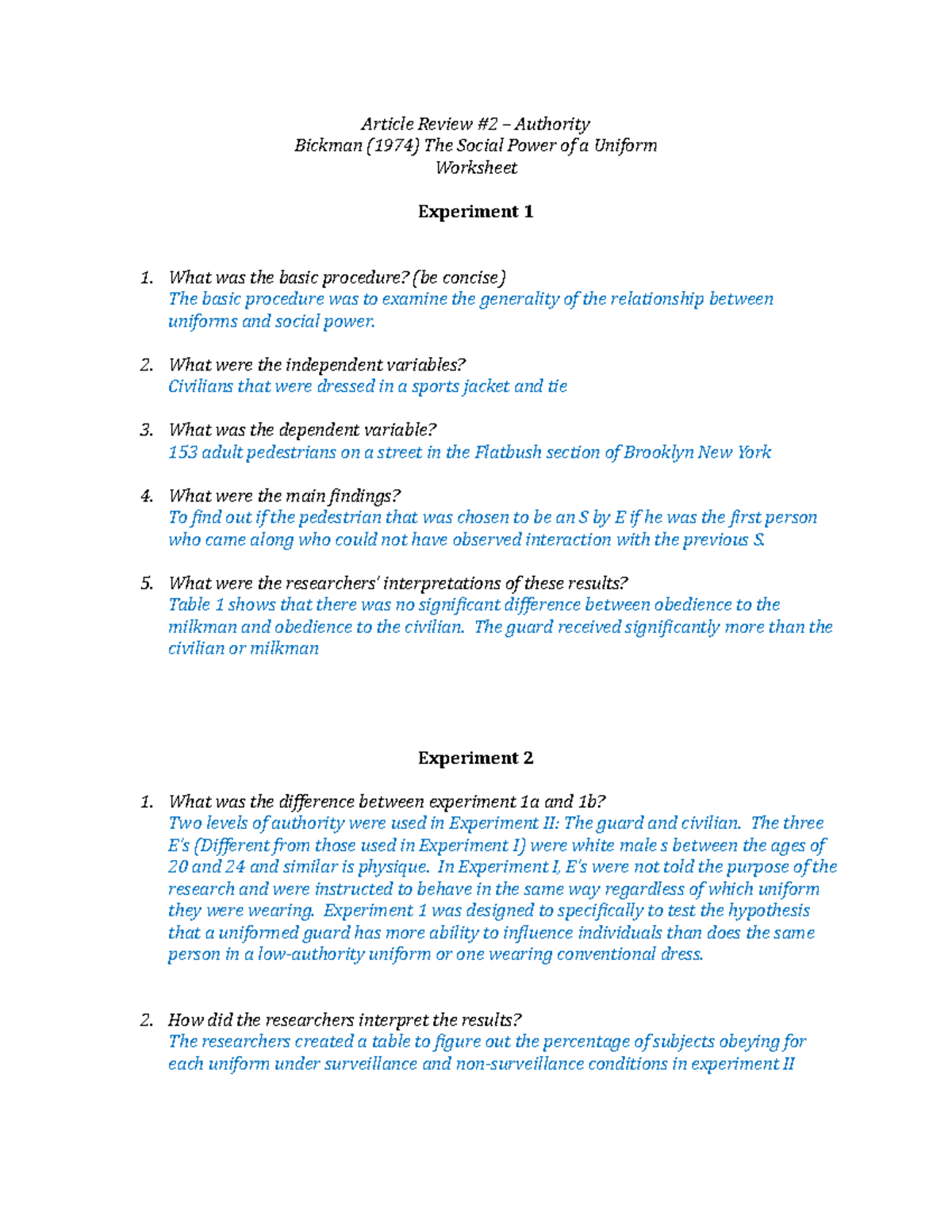 PSY 334 - Authority & Uniforms: Bickman Detailed Worksheet Review - Studocu