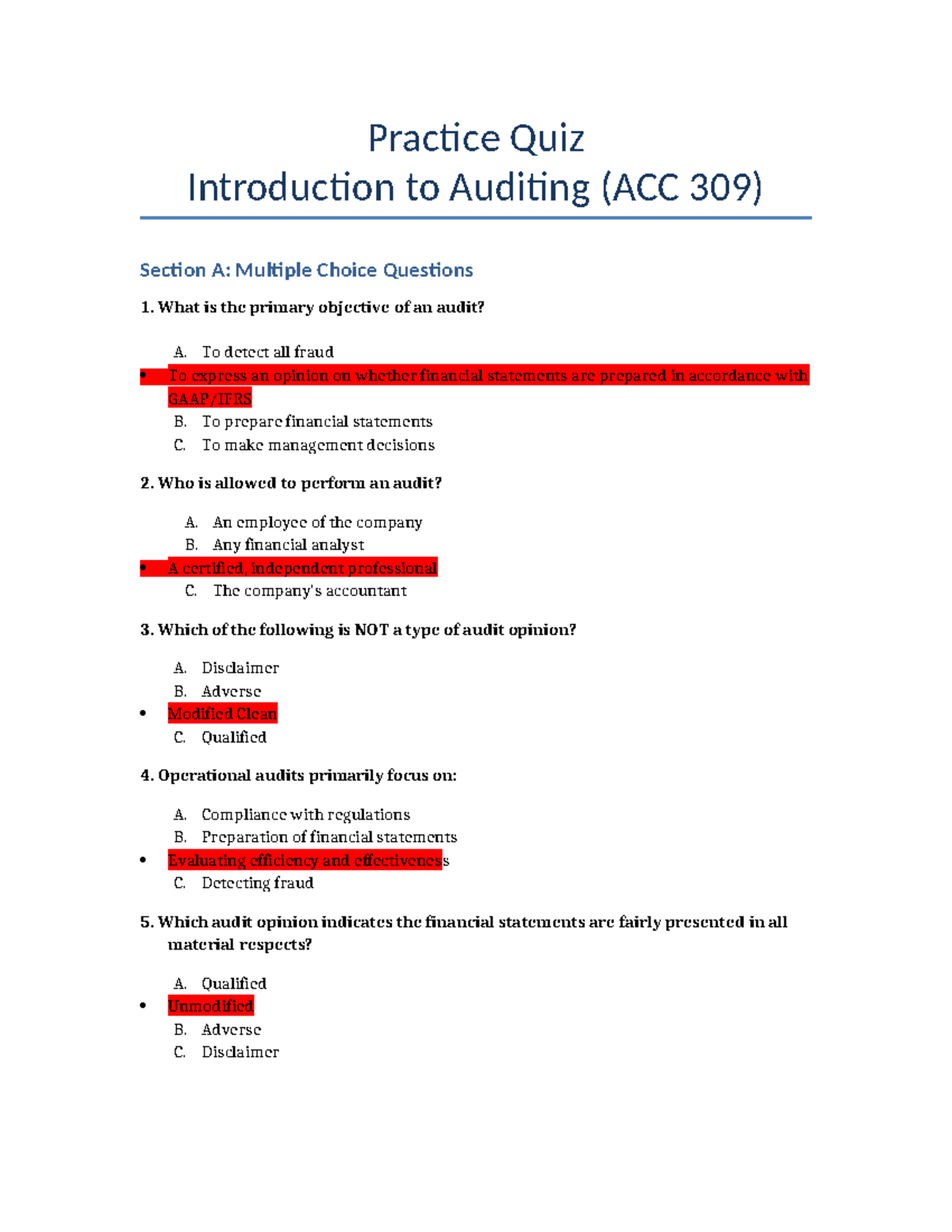 Auditing Practice Quiz (ACC 309) - Multiple Choice Questions - Studocu