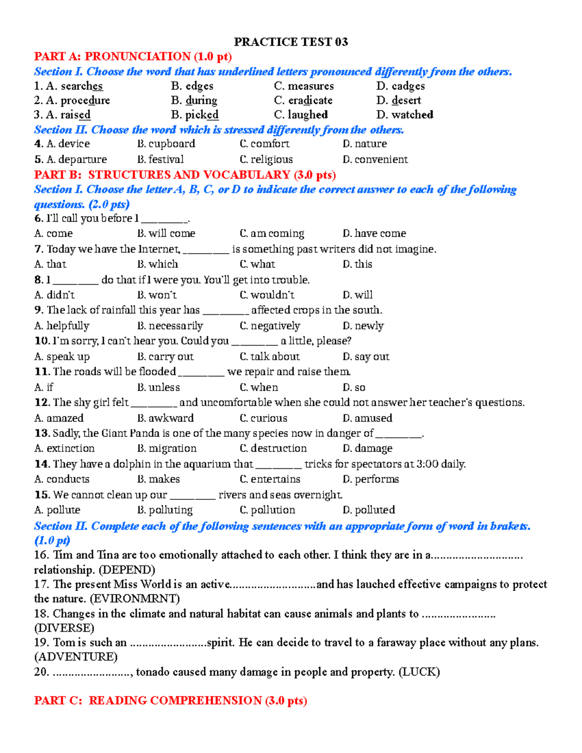 Practice Test 03: English 9 Pronunciation & Vocabulary Assessment - Studocu