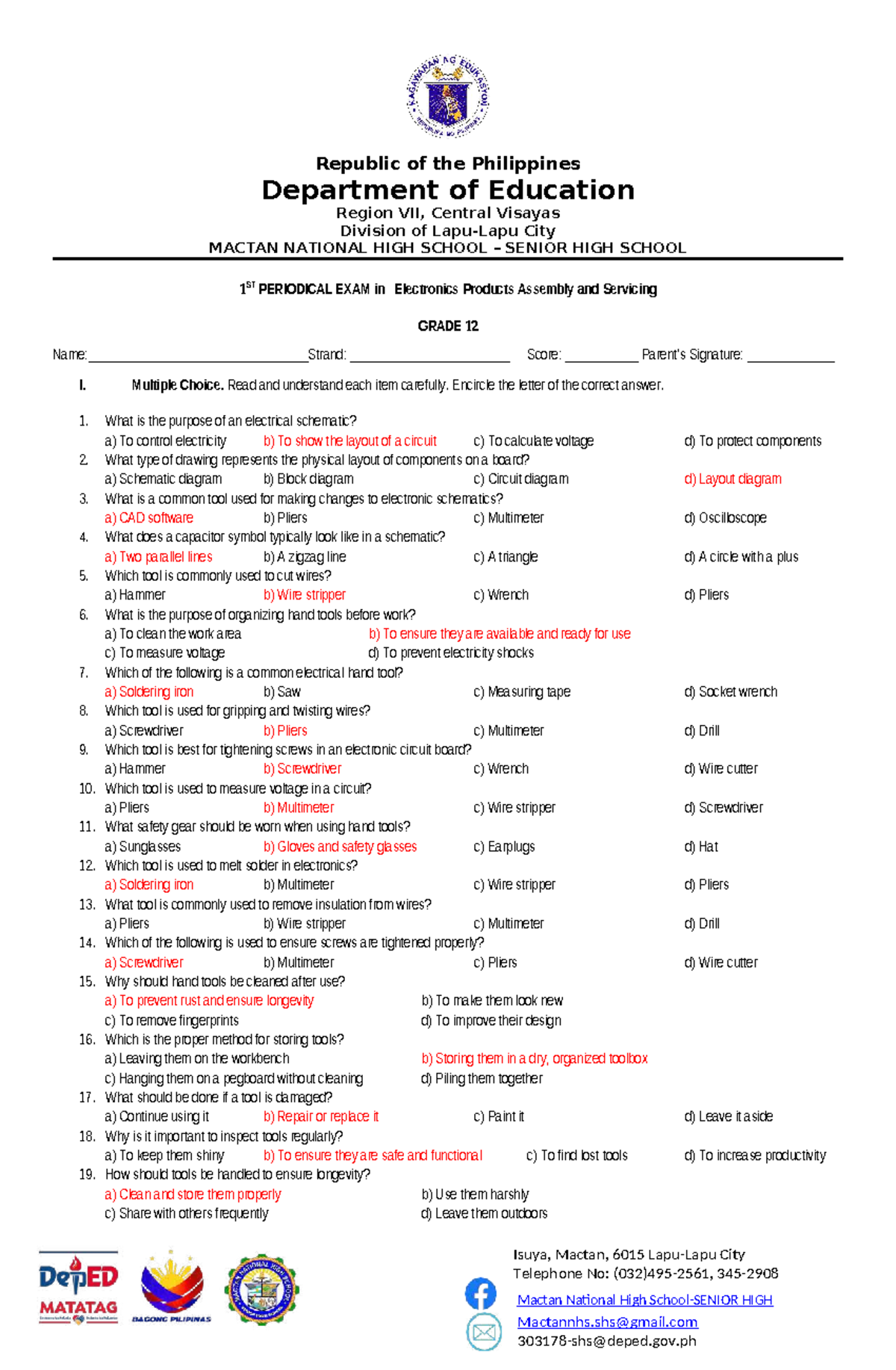 Quarter 1 Exam EPAS12: Electronics Products Assembly & Servicing - Studocu