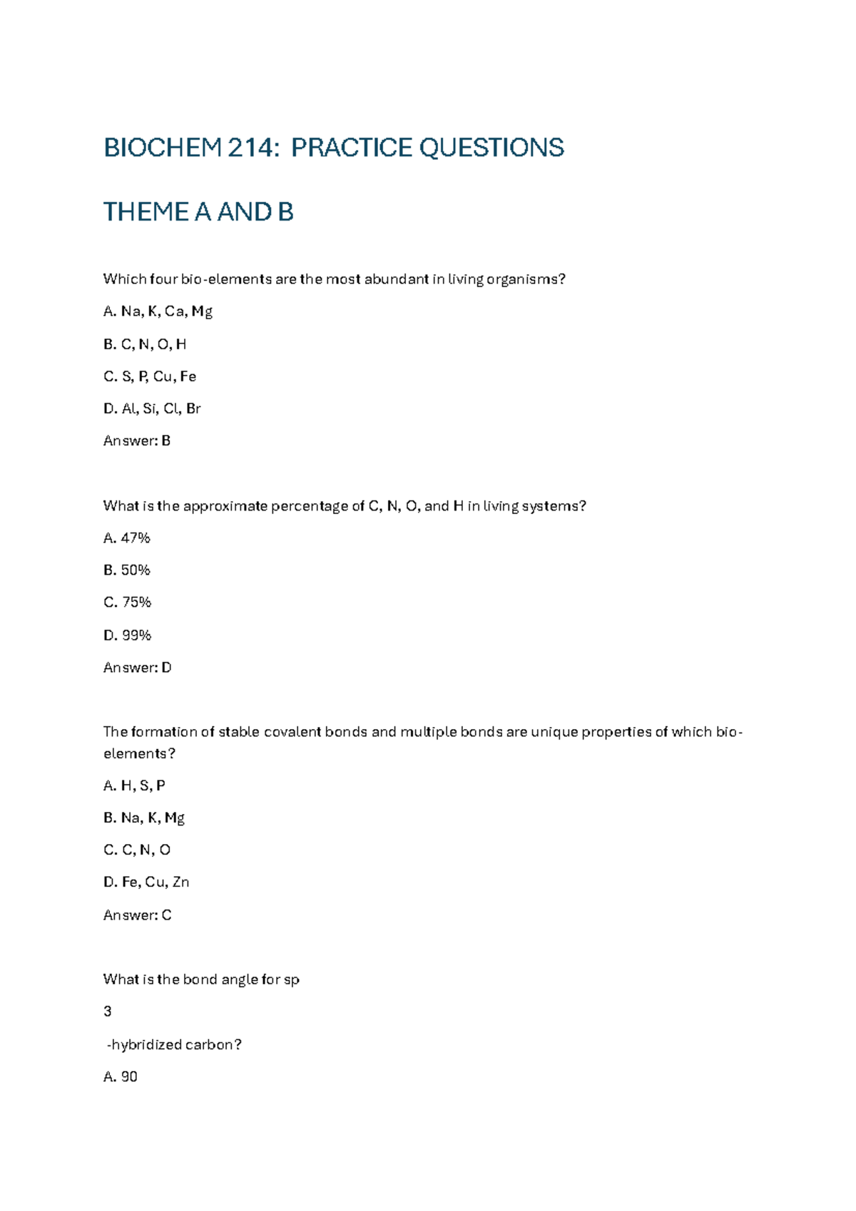 BIOCHEM 214: MCQ PRACTICE QUESTIONS FOR THEMES A & B - Studocu