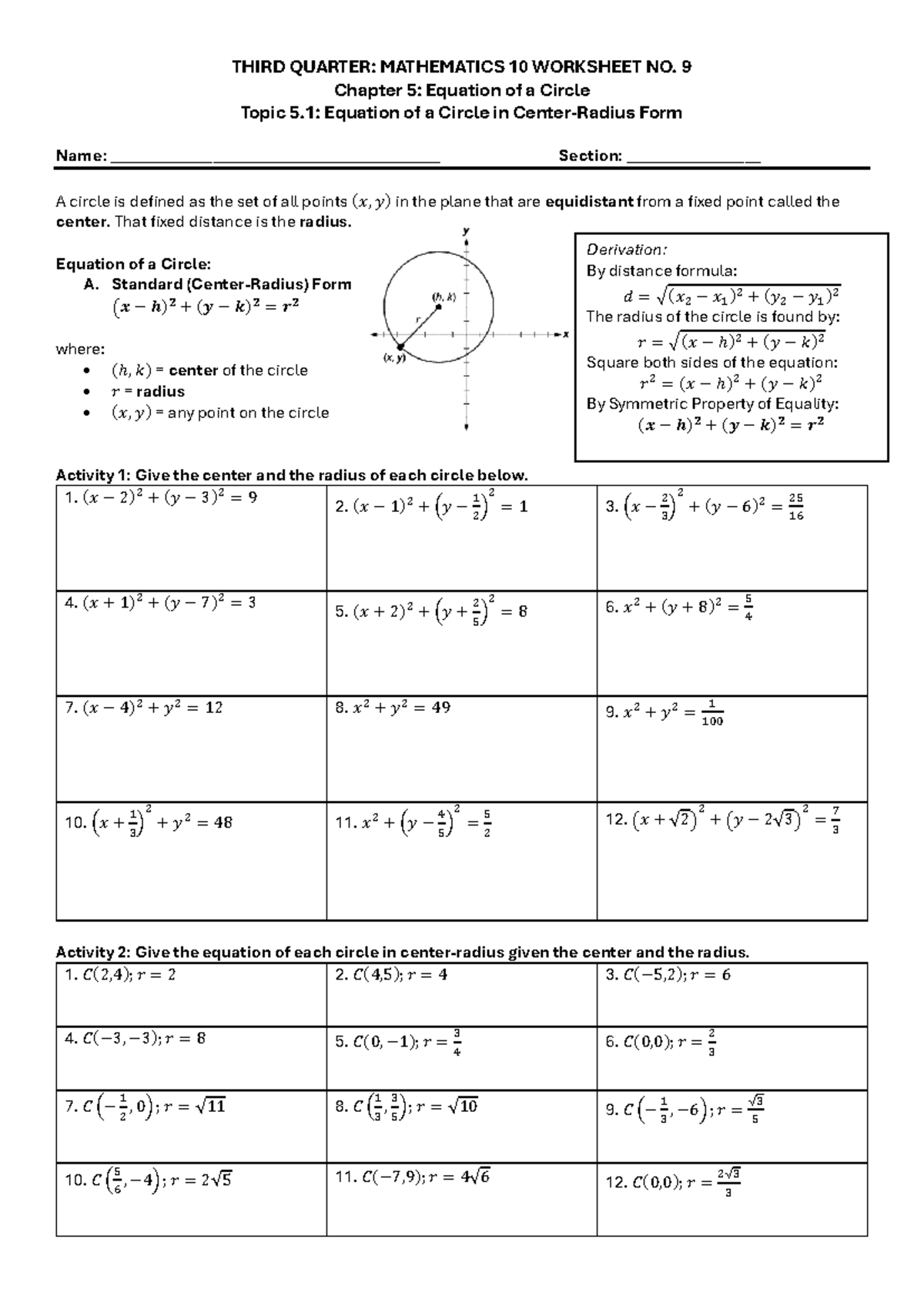 Q3 Math 10 Worksheet 9: Equation of a Circle in Center-Radius Form ...
