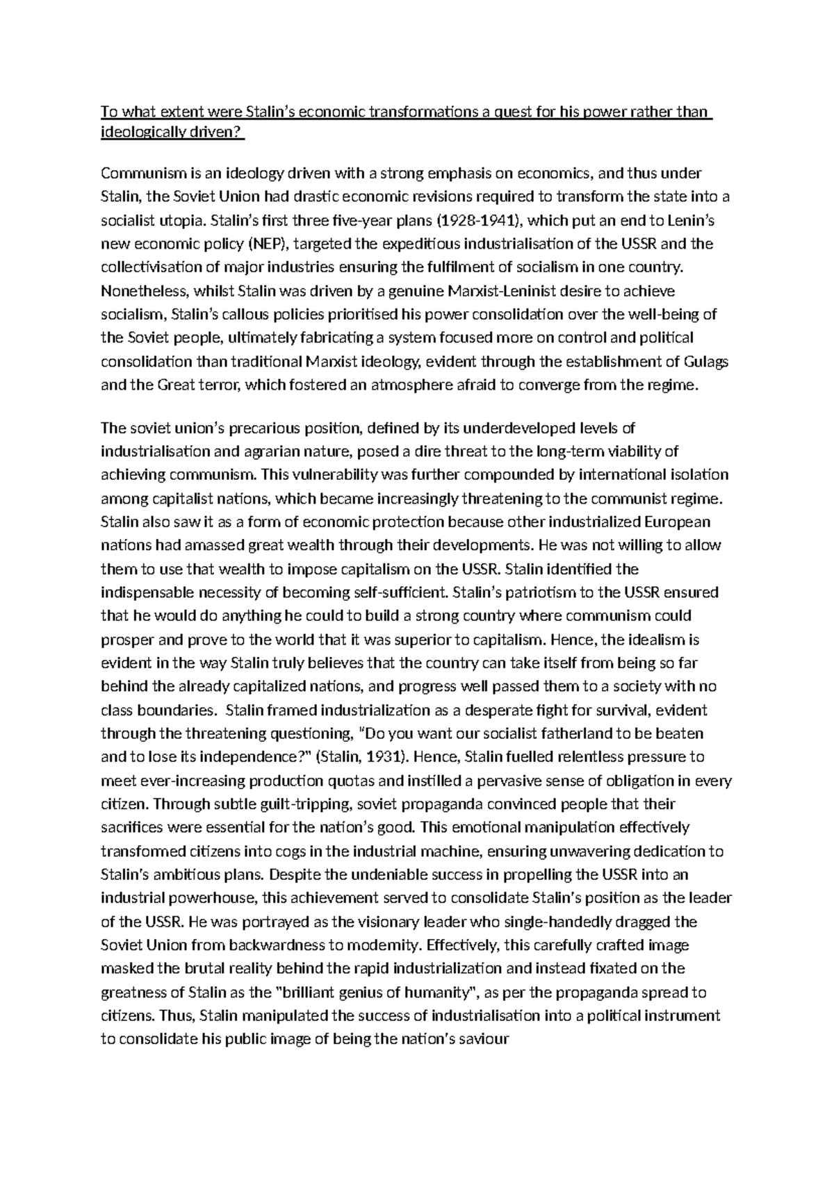 Stalin's Economic Policies: Ideology or Power Consolidation? - Studocu