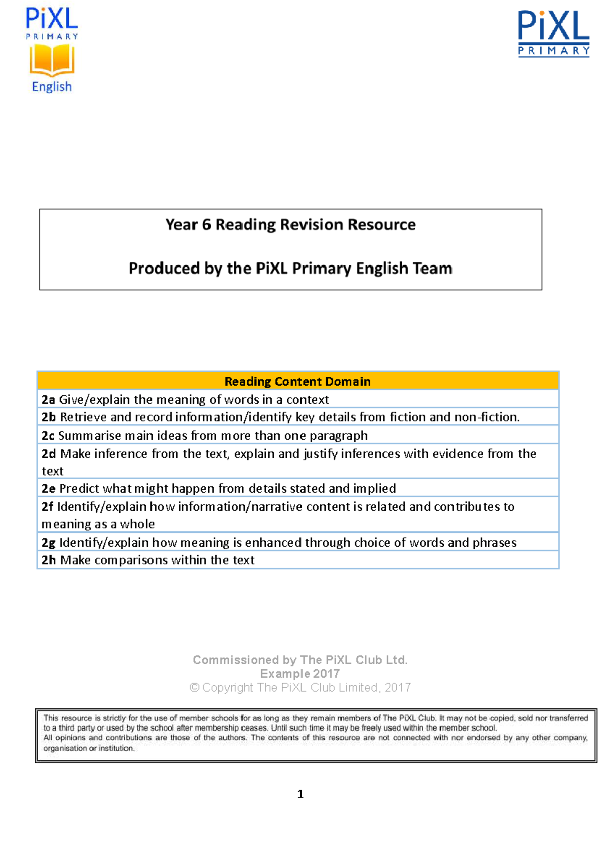 English Comprehension: PiXL Primary DCB6ABD1BE88B1A5E3492DDFD4C1669C ...