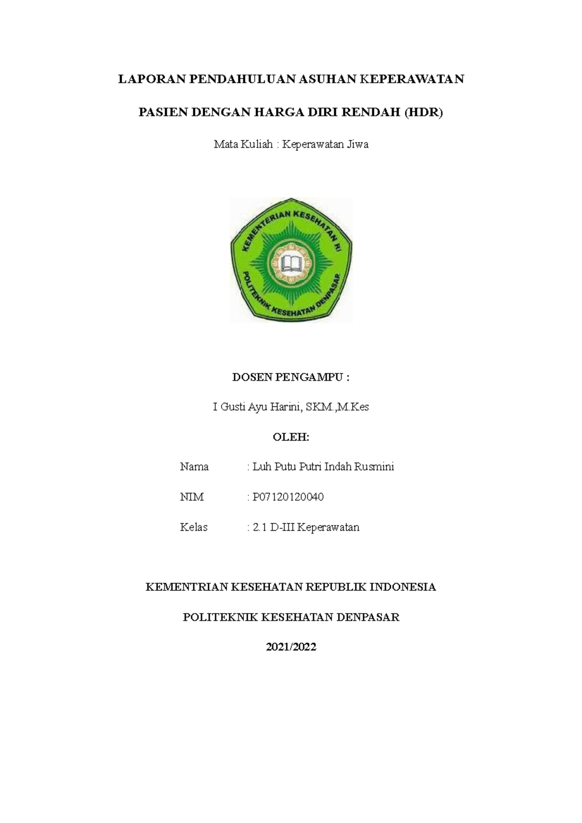 Laporan Pendahuluan Harga Diri Rendah (HDR) dalam Keperawatan Jiwa - Studocu