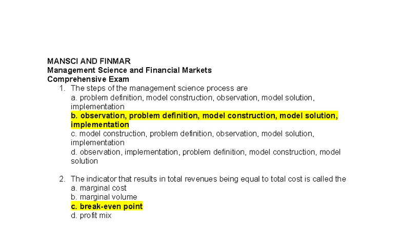 MANSCI 101: Comprehensive Exam 1 on Management Science & Financial ...