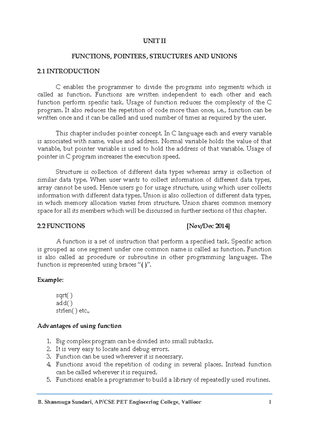 Unit Ii Functions Pointers Structures Unions Notes Studocu
