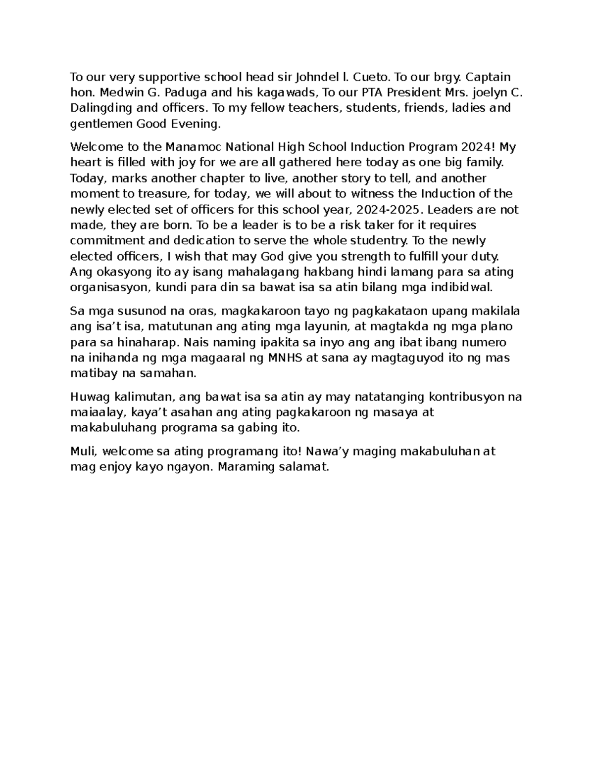 Opening Remarks for MNHS Induction Program 2024-2025 - Studocu