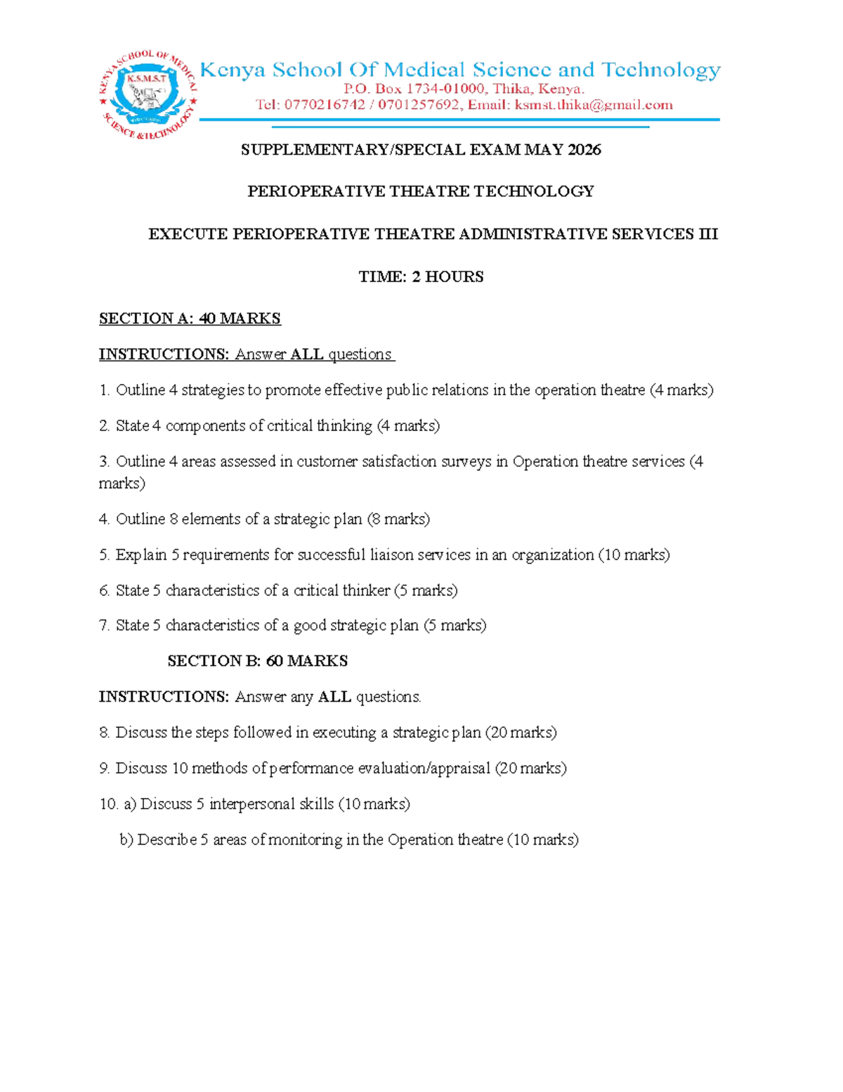 Admin 3 Special M26 - Perioperative Theatre Exam Notes May 2026 - Studocu