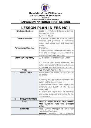 Lesson PLAN IN TLE Grade 9 - Grade level 9 Quarter 4 School Saint Jude ...