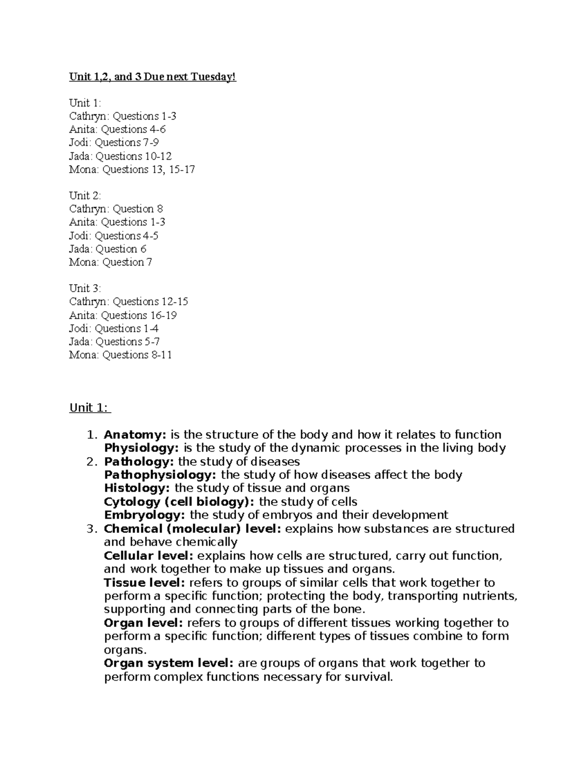 Group Submission: Anatomy Units 1-3 Overview & Responsibilities - Studocu