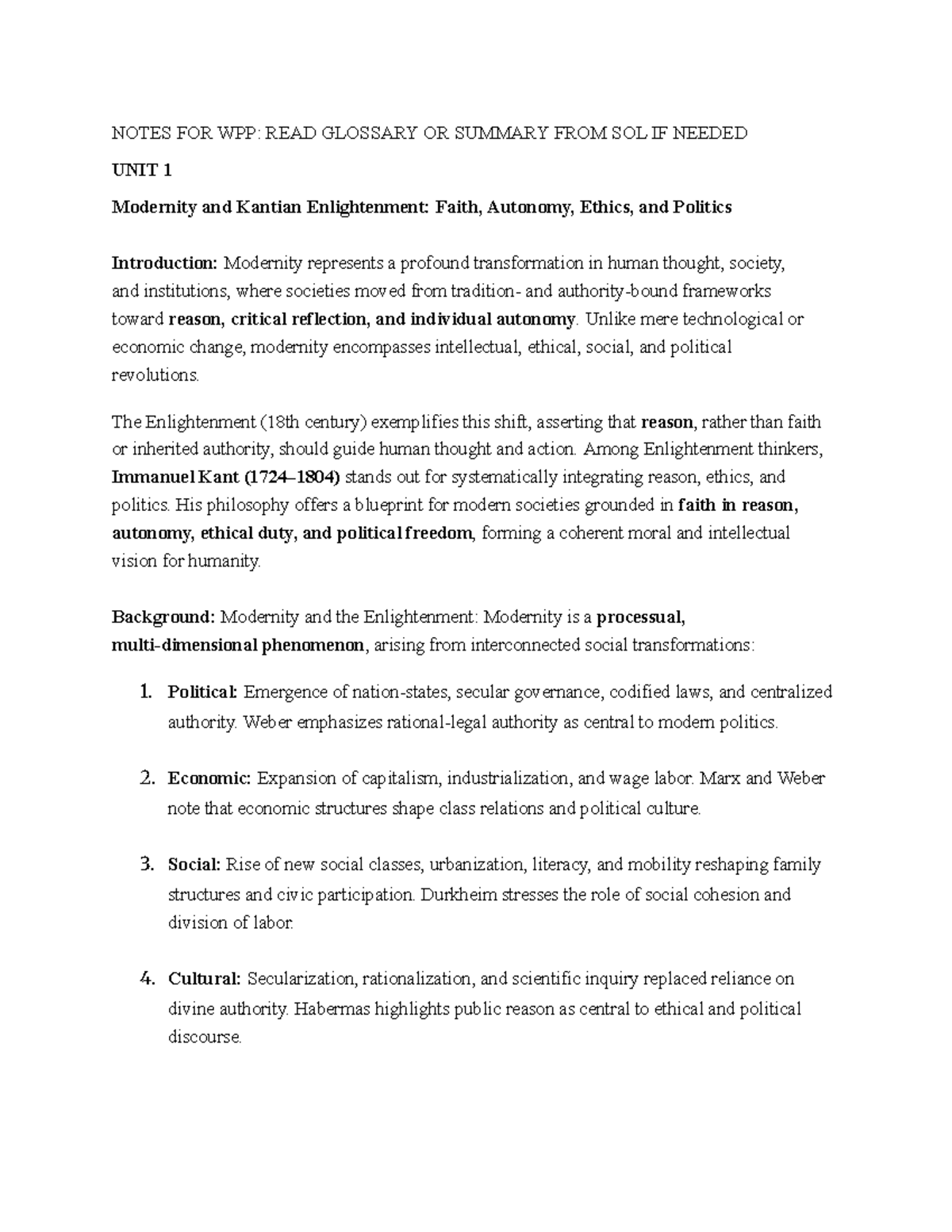 WPP: Unit 1 - Modernity, Kant, and Enlightenment Philosophy Notes - Studocu