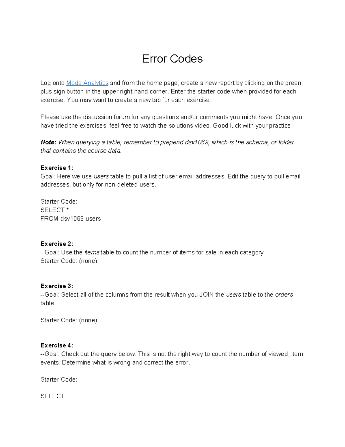 Error Codes - Error Codes Log onto Mode Analytics and from the home ...