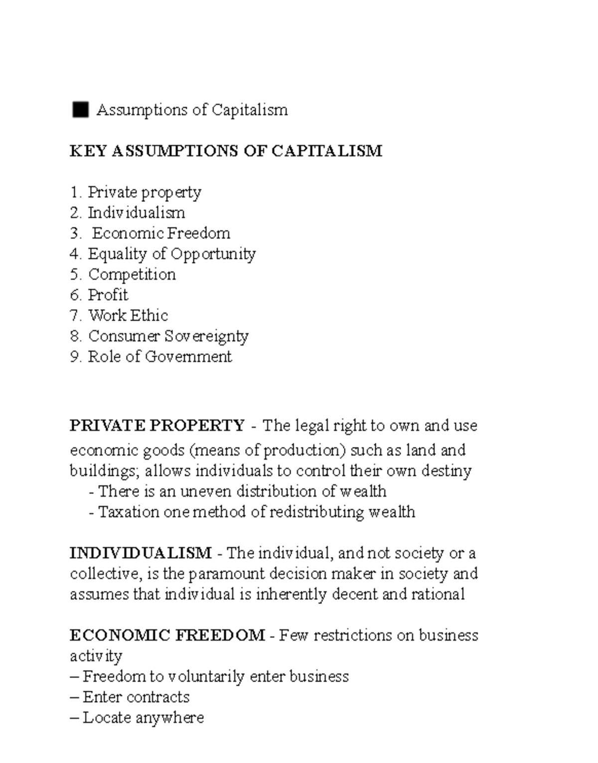 GMGT 1010 Final Exam 2 - ý Assumptions of Capitalism KEY ASSUMPTIONS OF ...
