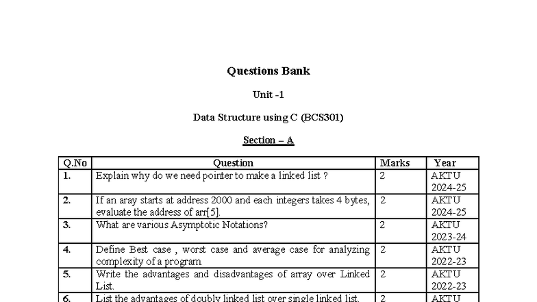 Question Bank unit 1-5 Data Structure - Questions Bank Unit - Data Structure using C (BCS301 ...