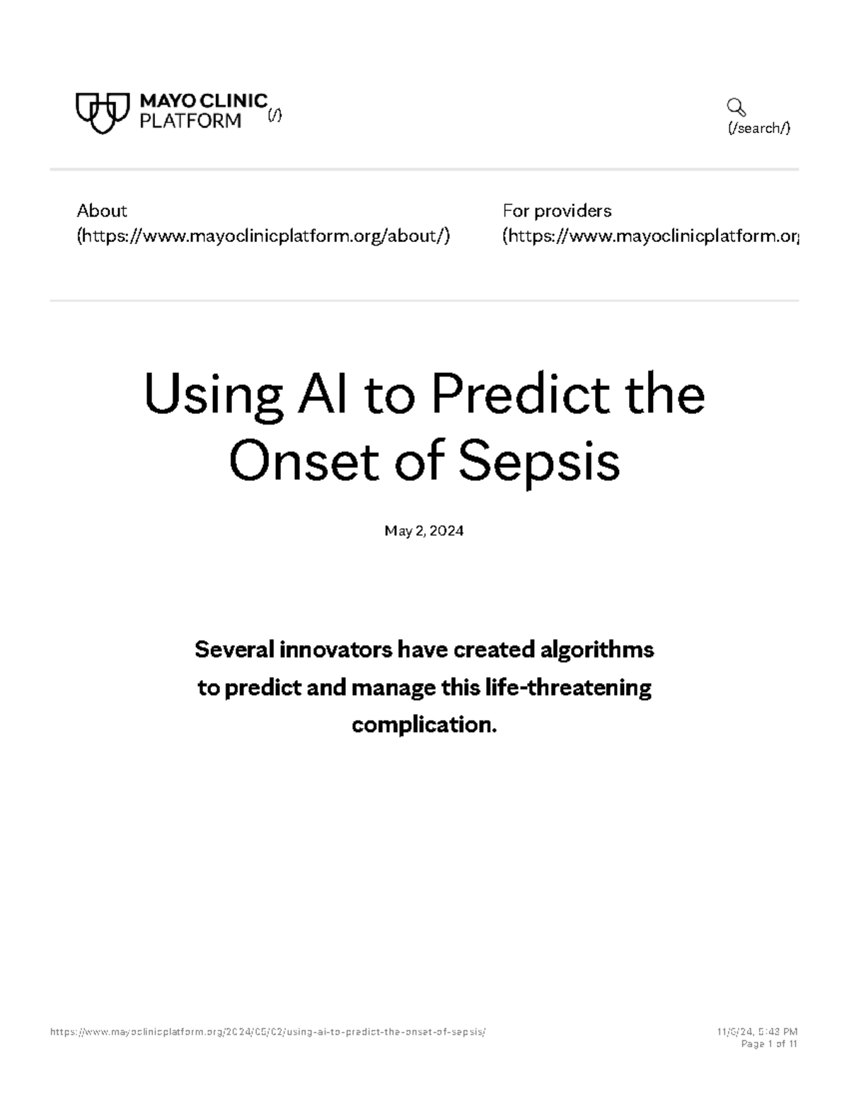 Using AI to Predict the Onset of Sepsis - Mayo Clinic Platform ...