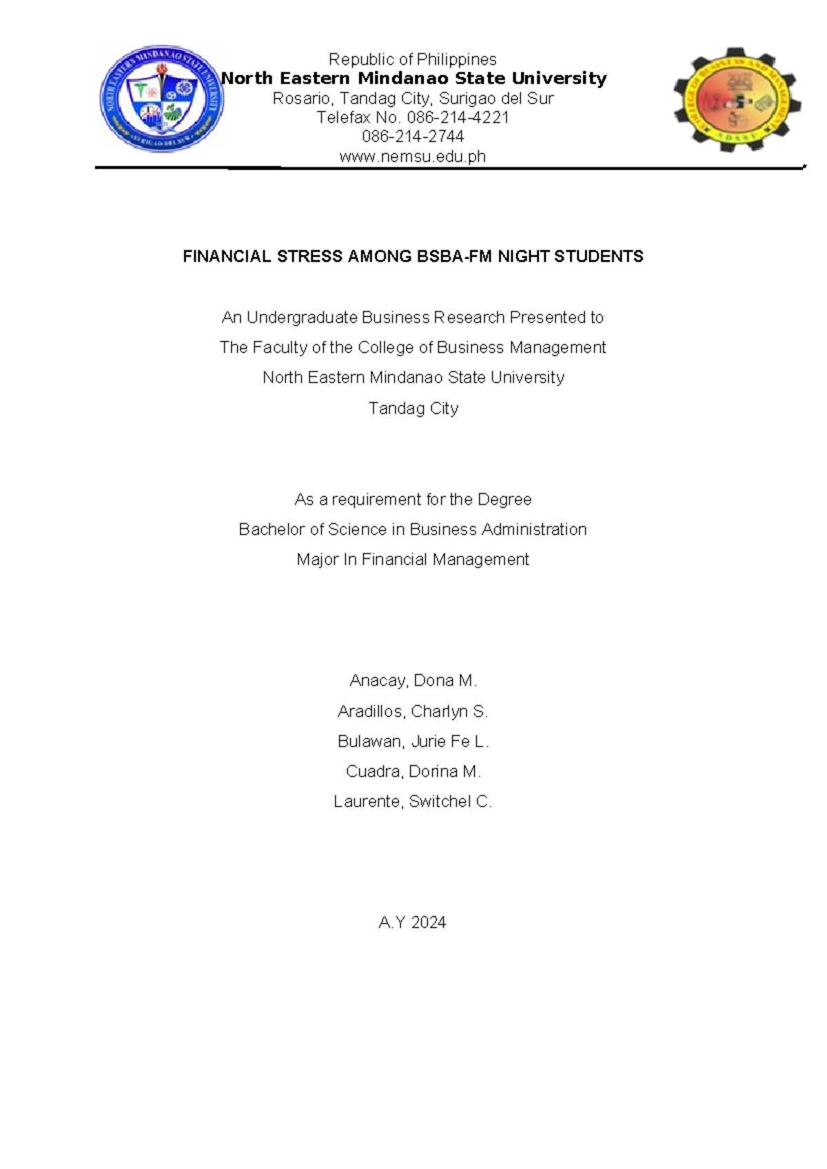 Understanding Financial Stress Among BSBA-FM Night Students at NEMSU ...