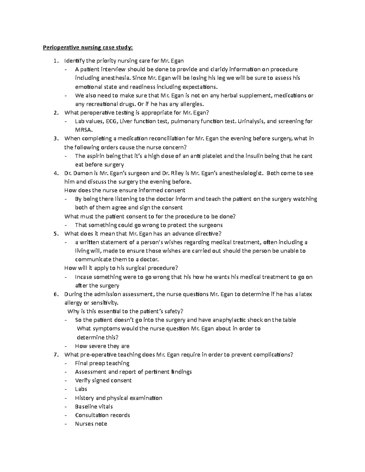 Perioperative Nursing Case Study for Mr. Egan (NUR 102) - Studocu