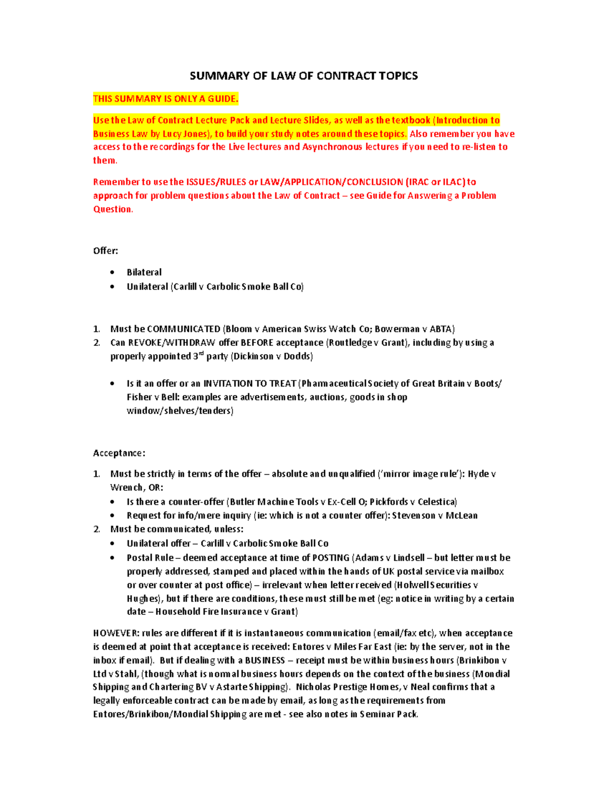 Law of Contract Summary: Key Topics & Concepts for Study - Studocu