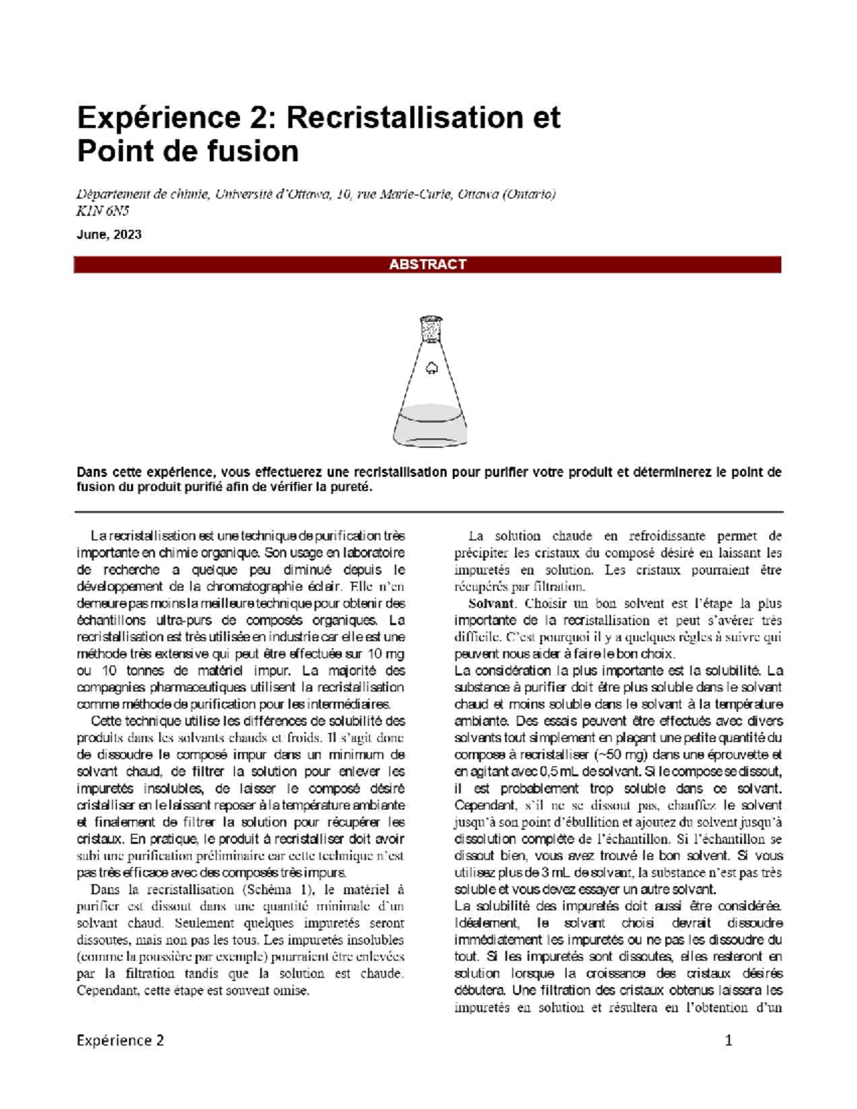 Expérience 2: Recristallisation et Point de Fusion en Chimie Organique ...