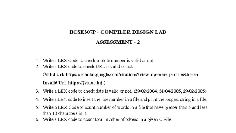 BCSE307P COMPILER DESIGN LAB QP 2: LEX Code Exercises - Studocu