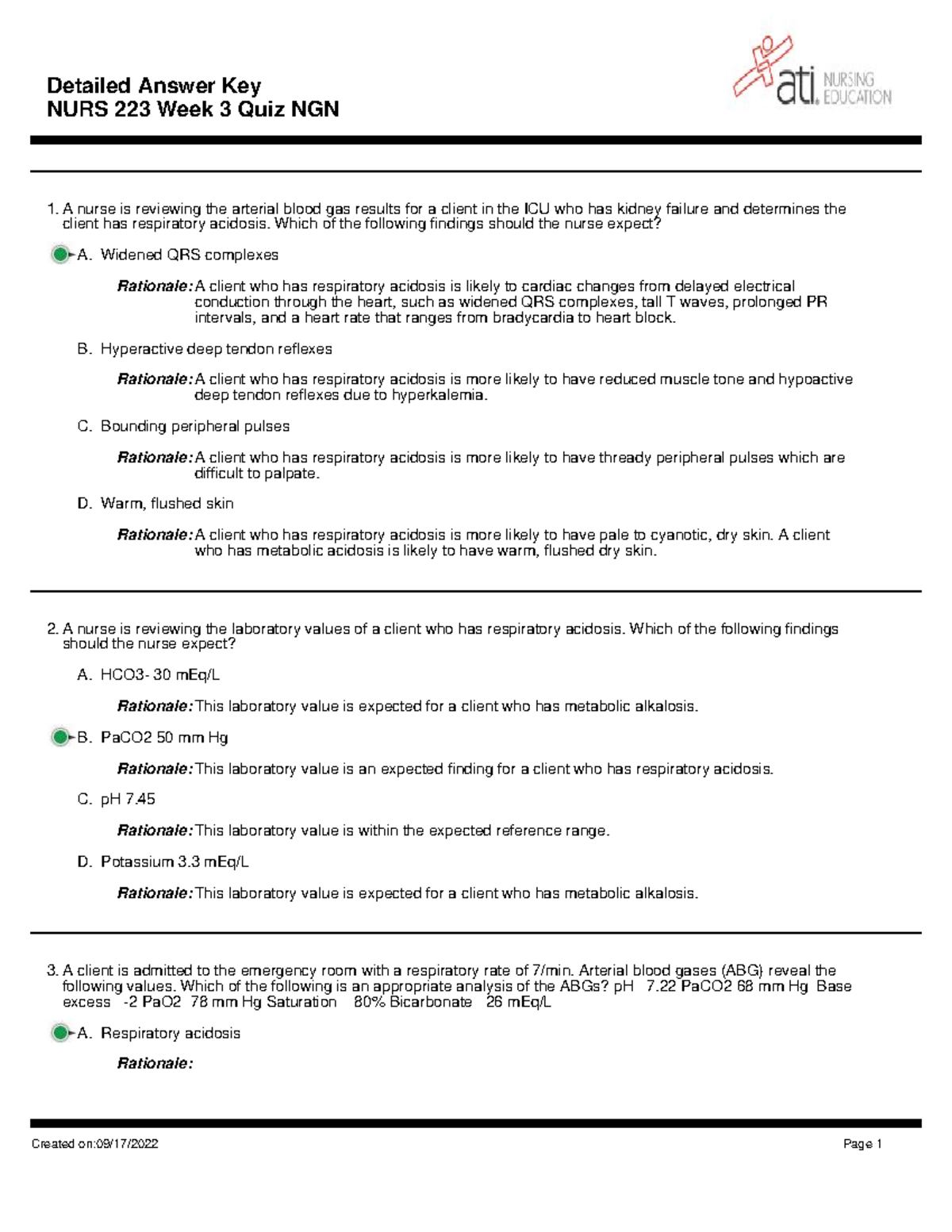 NURS 223 Week 3 Quiz Detailed Answer Key on Respiratory Acidosis - Studocu