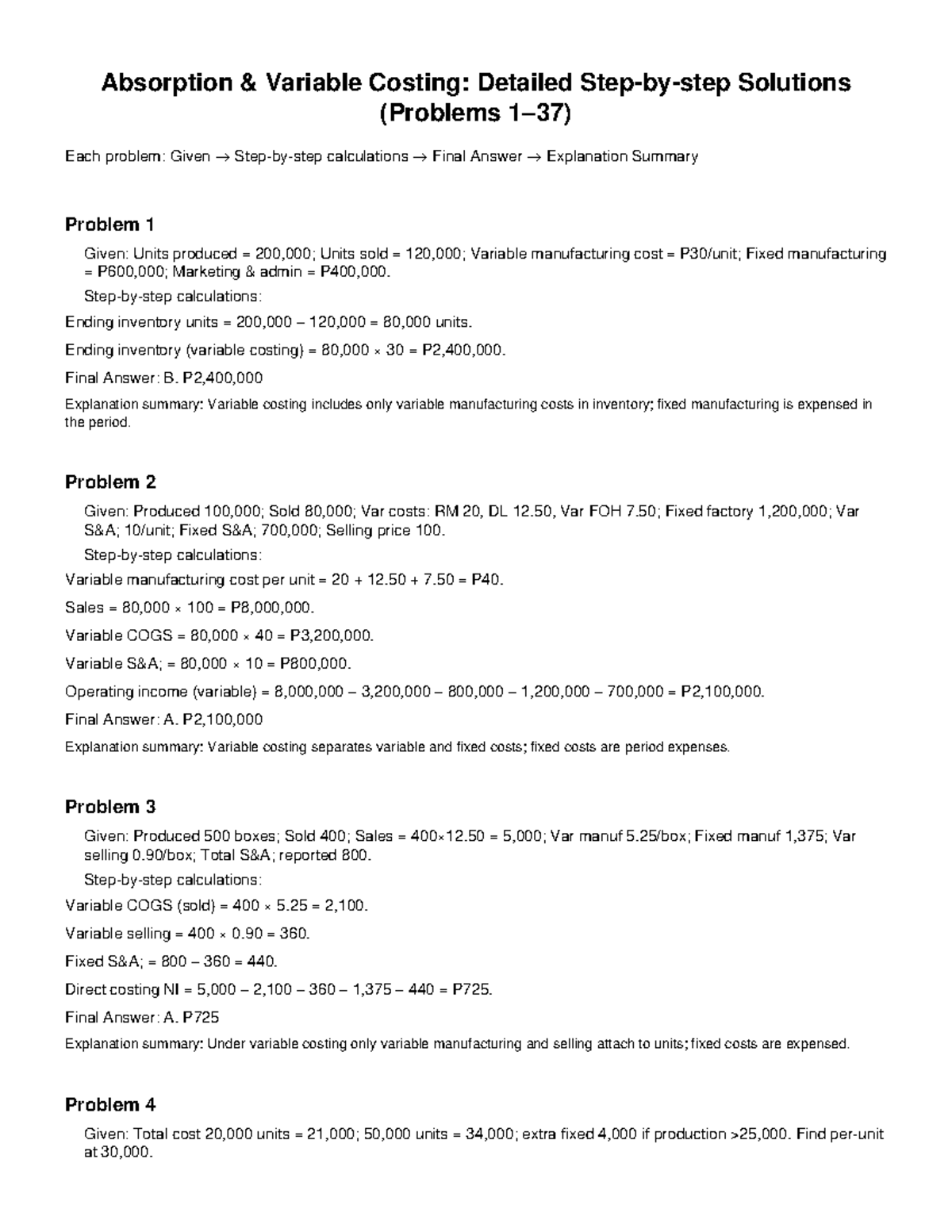AC-DC 101: Detailed Solutions for Absorption Variable Costing Problems - Studocu