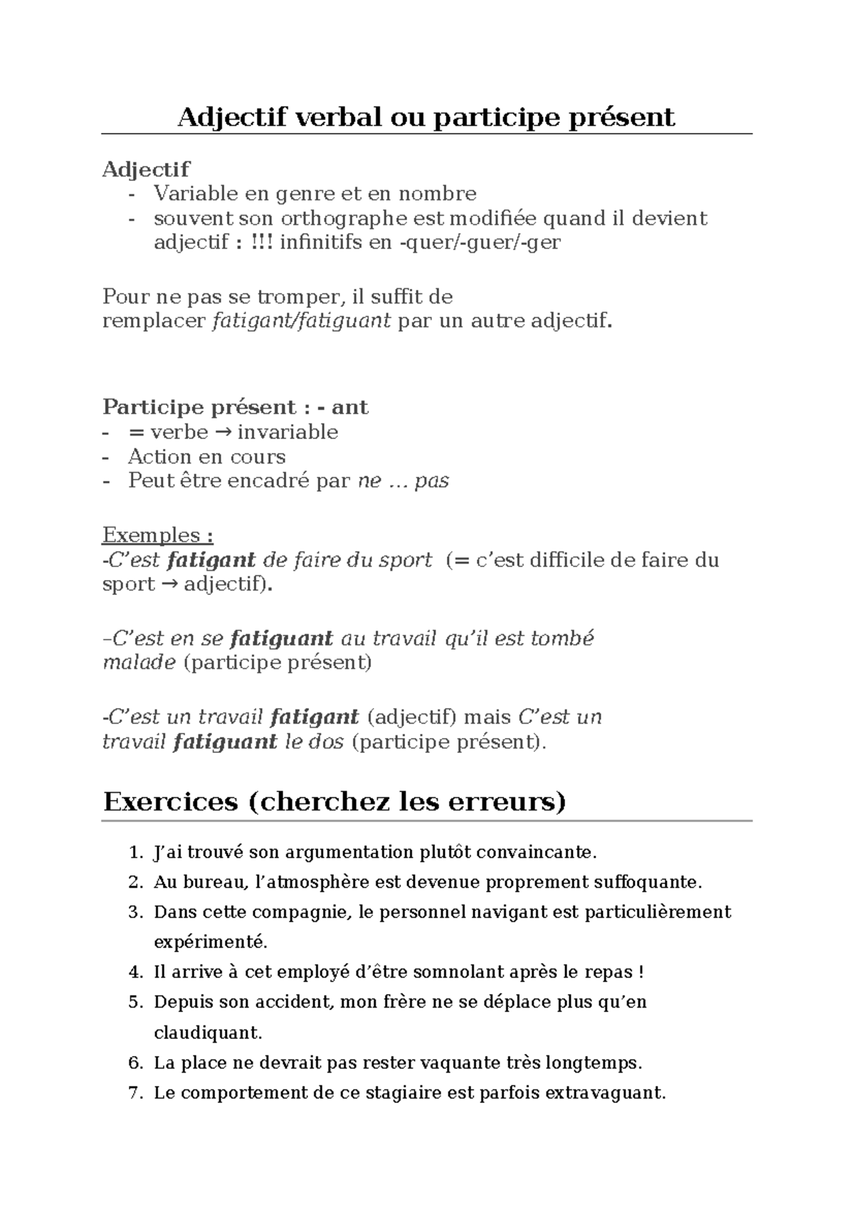 Adjectif Verbal et Participe Présent : Analyse et Exercices - Studocu