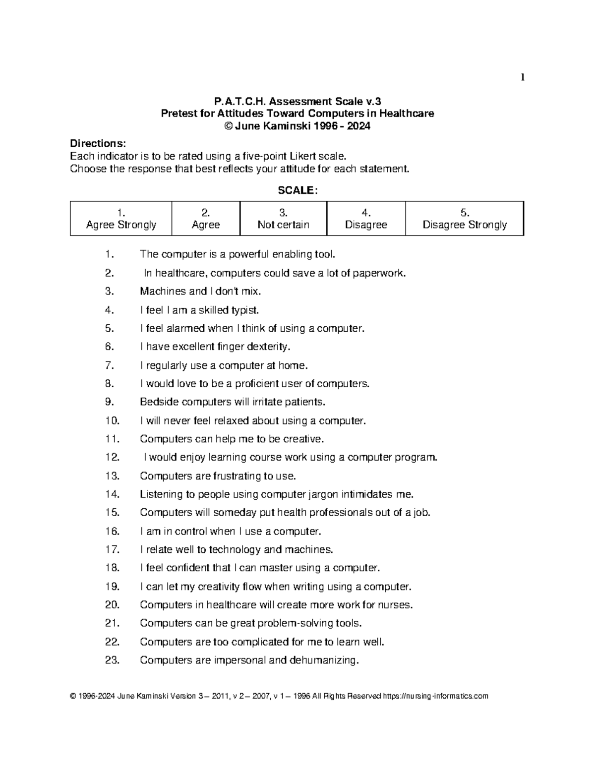 Patch Personal Plan v3 - 1 P.A.T.C. Assessment Scale v. Pretest for ...