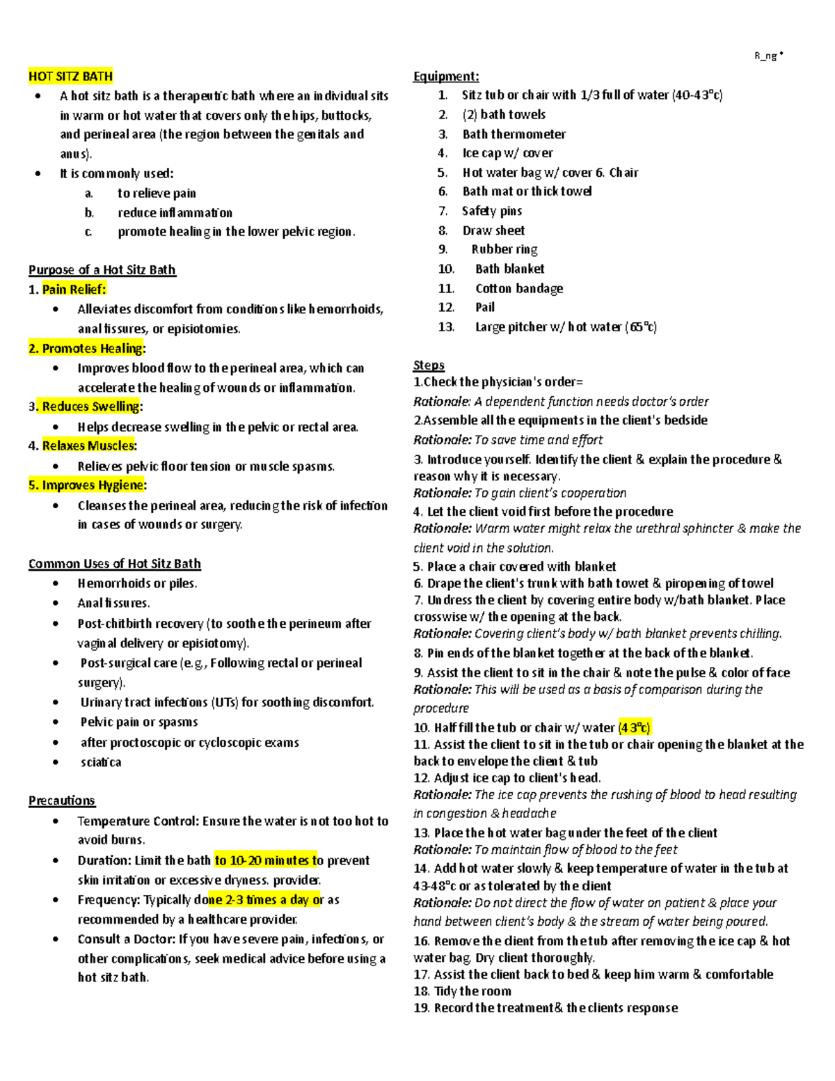 NCM2011: Skills for Prelim Exam on Hot Sitz Bath & Post-Op Care - Studocu