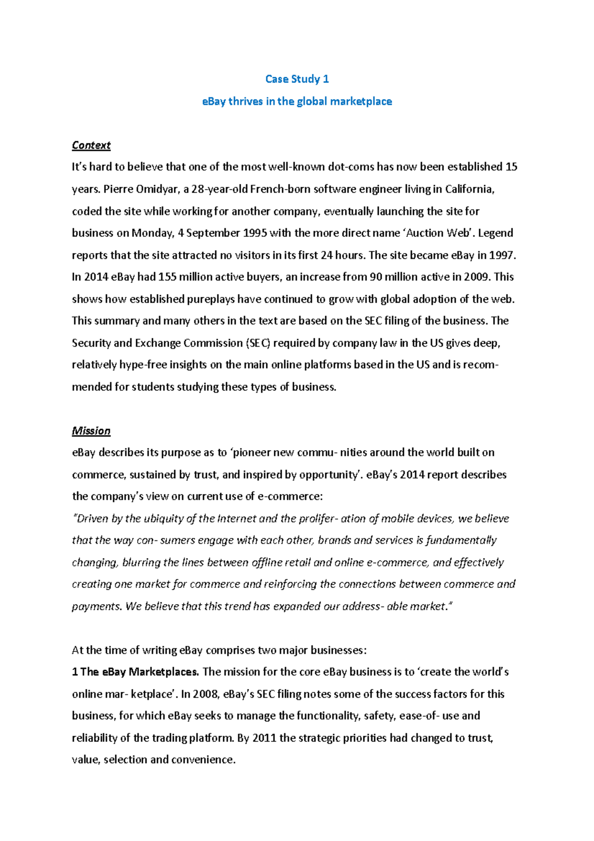 Case Study 1: eBay's Global Marketplace Success and Strategies - Studocu