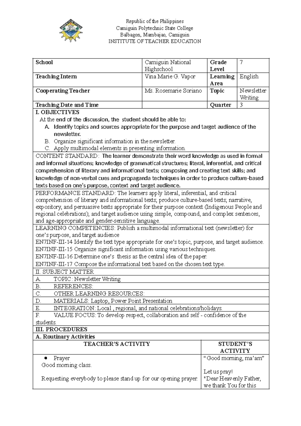 DLP Week 6 Lesson 3: Newsletter Writing and Expository Texts - Studocu