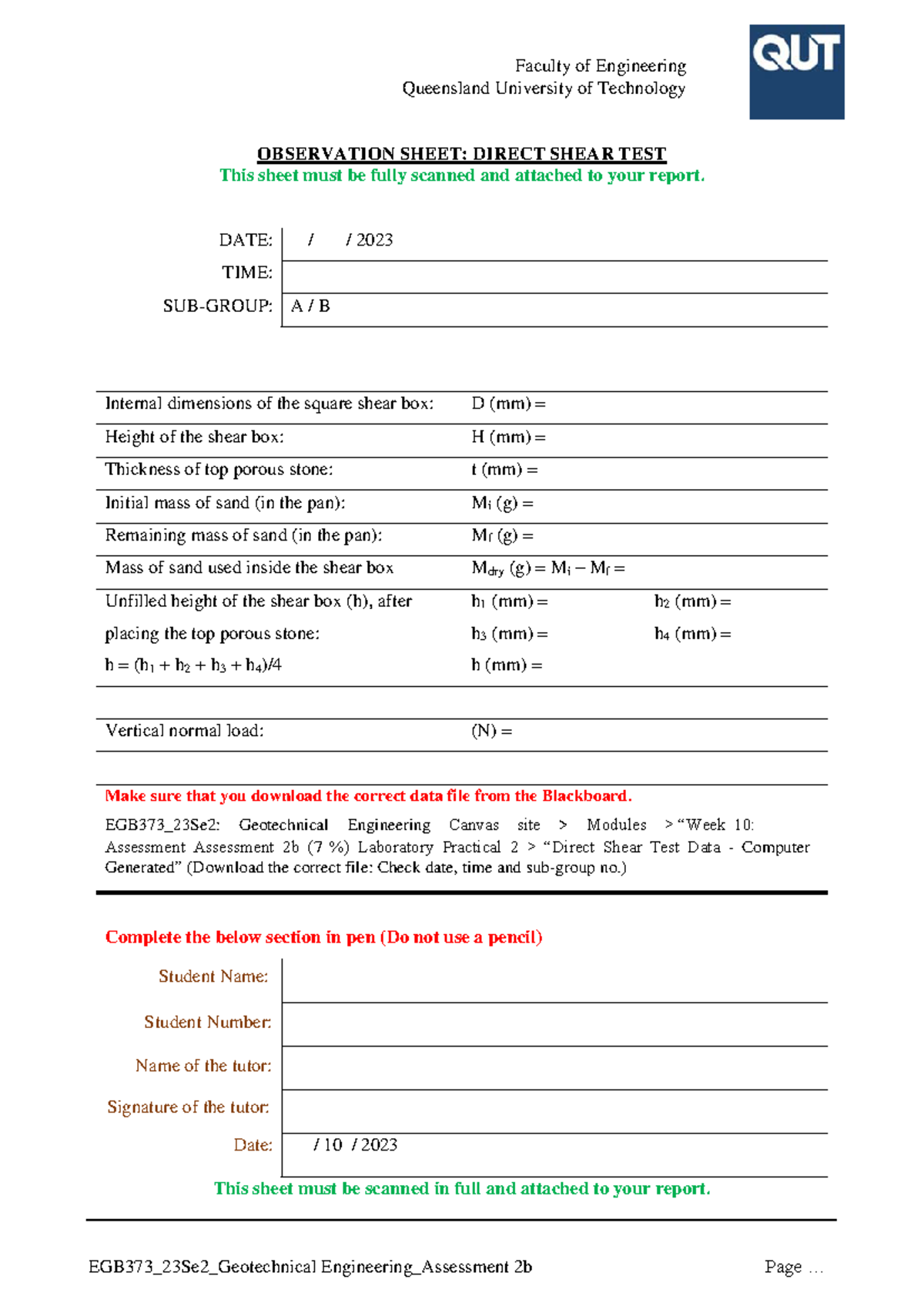EGB373 – Geotechnical Engineering Practical 2: Direct Shear Test Sheet ...