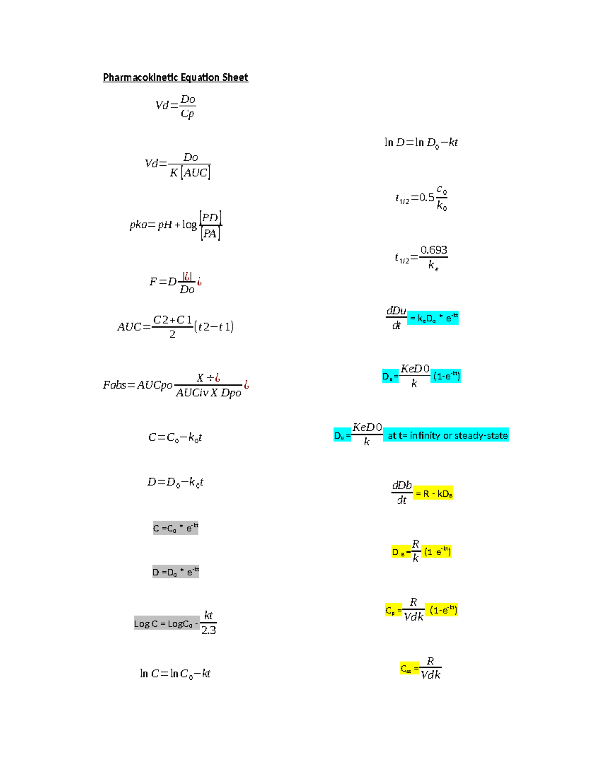 Pharmacokinetic Equations Summary - Asbill (002) - Studocu