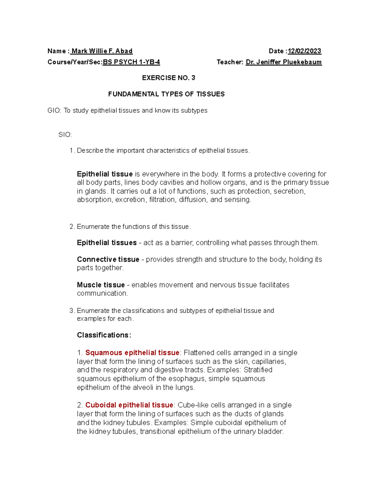 LAB Exercise on Fundamental Tissue Types & Integumentary System (BS ...