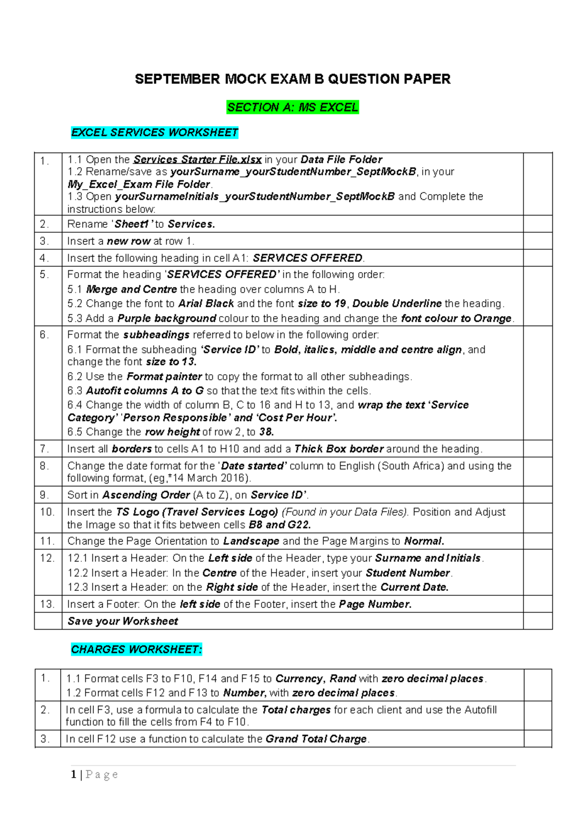 Sept Mock Exam B: MS Excel Worksheet Instructions and Tasks - Studocu