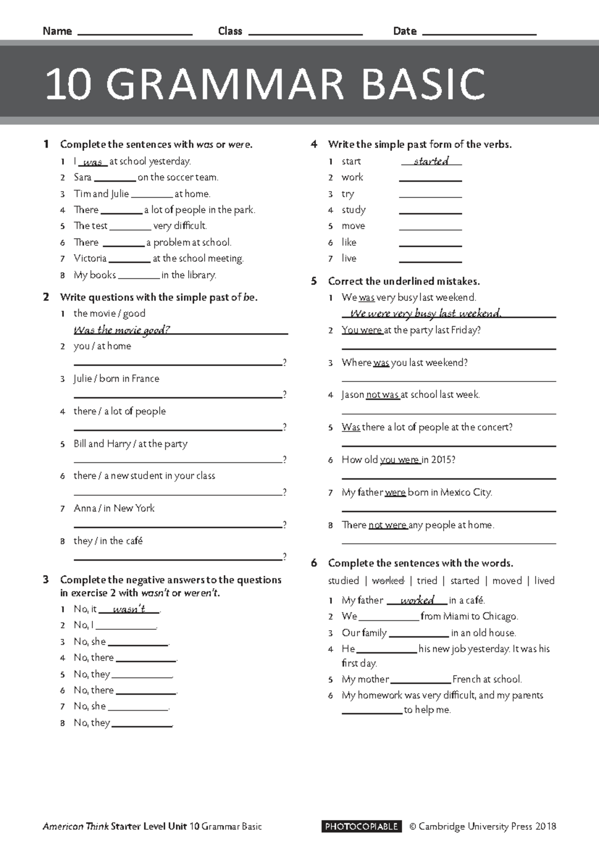 Starter Level Unit 10 Grammar Am E Basic: Simple Past Exercises - Studocu