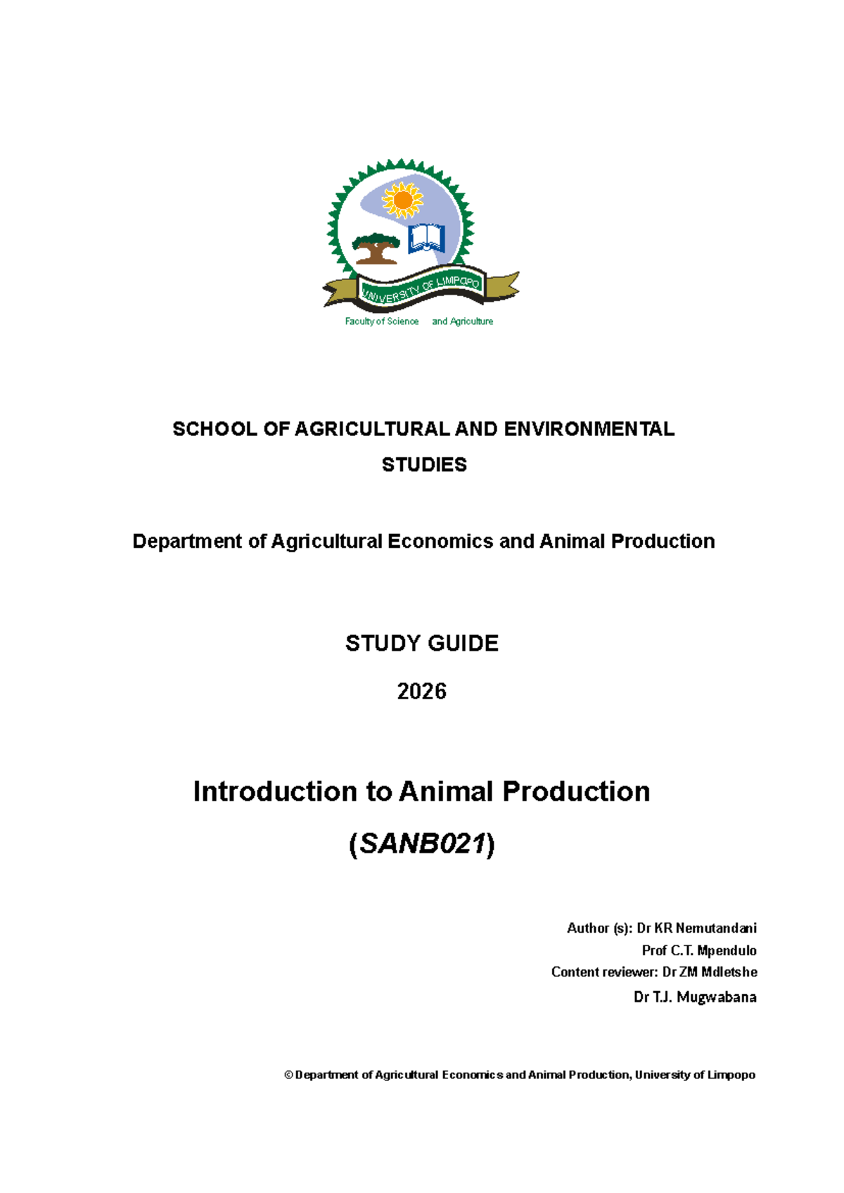 SANB021 Study Guide 2026: Introduction to Animal Production - Studocu